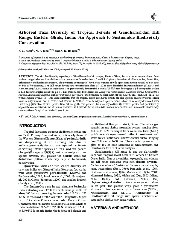 (PDF) Arboreal Taxa Diversity of Tropical Forests of Gandhamardan Hill ...