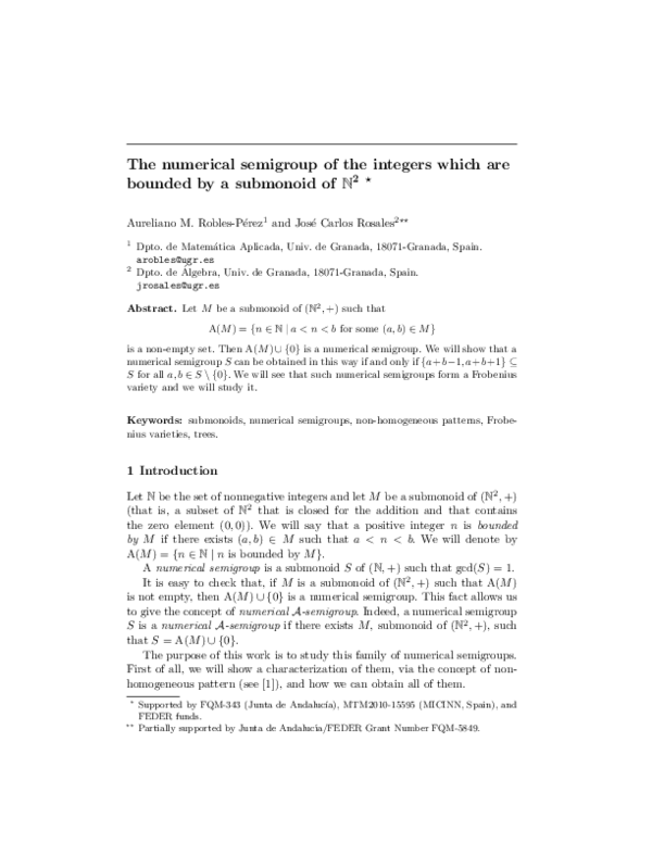 (PDF) The numerical semigroup of the integers which are bounded by a submonoid of N2 | Aureliano ...