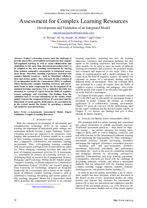 (PDF) Assessment for Complex Learning Resources: Development and Validation of an Integrated Model