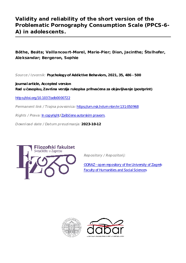 (PDF) Validity and reliability of the short version of the Problematic Pornography Consumption ...