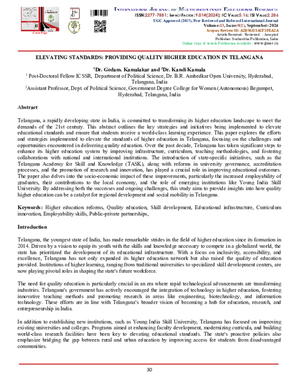 (PDF) ELEVATING STANDARDS: PROVIDING QUALITY HIGHER EDUCATION IN TELANGANA