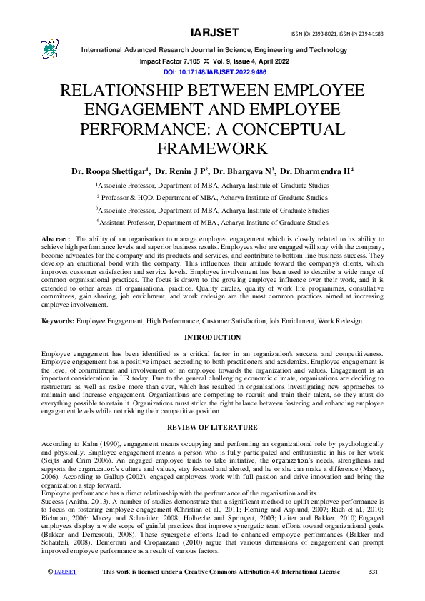 (PDF) Relationship Between Employee Engagement and Employee Performance ...