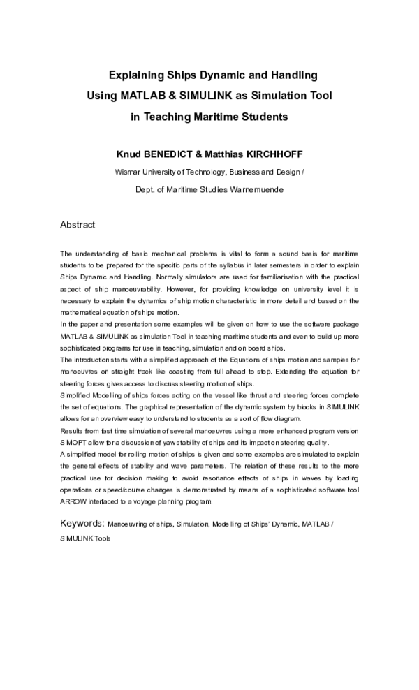 Pdf Explaining Ships Dynamic And Handling Using Matlab And Simulink As