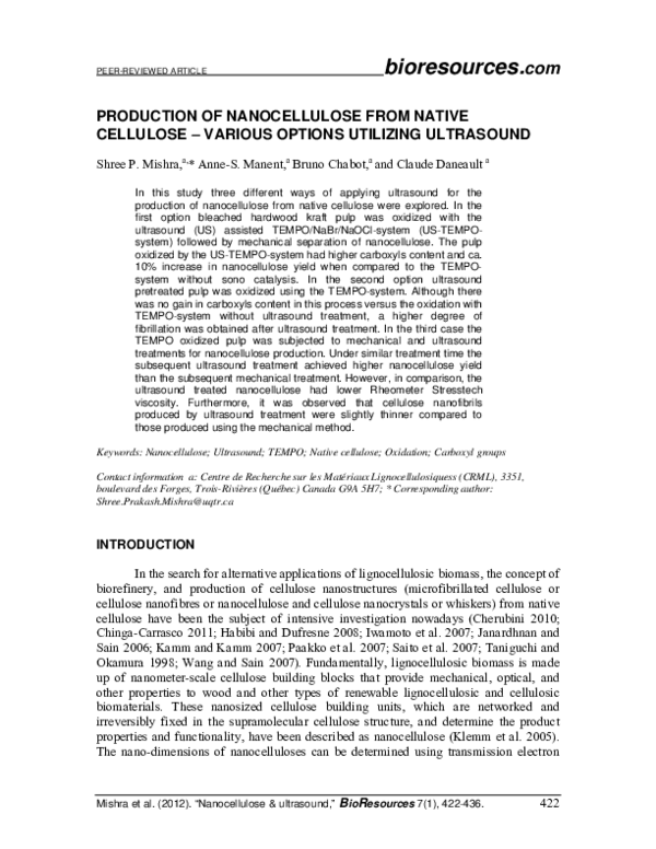 (PDF) Production of nanocellulose from native cellulose – Various ...