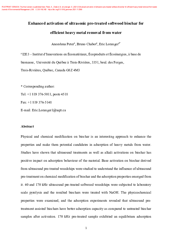(PDF) Enhanced activation of ultrasonic pre-treated softwood biochar ...