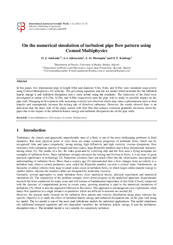 (PDF) On the numerical simulation of turbulent pipe flow pattern using Comsol Multiphysics