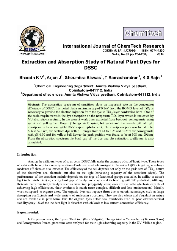 (PDF) Extraction and Absorption Study of Natural Plant Dyes for DSSC