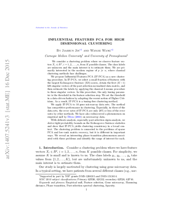 (PDF) Influential Feature PCA for high dimensional clustering