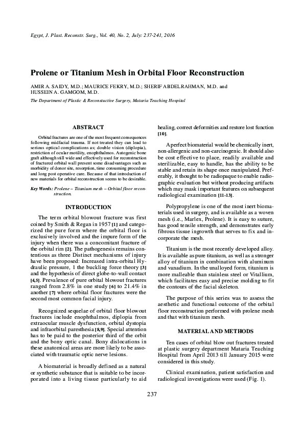 (PDF) Prolene or Titanium Mesh in Orbital Floor Reconstruction | Dr ...