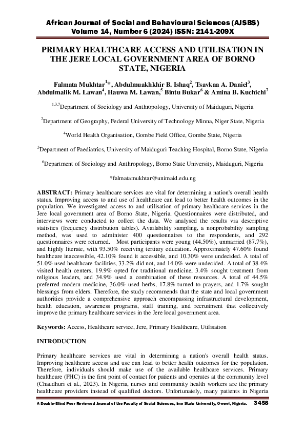 (PDF) PRIMARY HEALTHCARE ACCESS AND UTILISATION IN THE JERE LOCAL ...