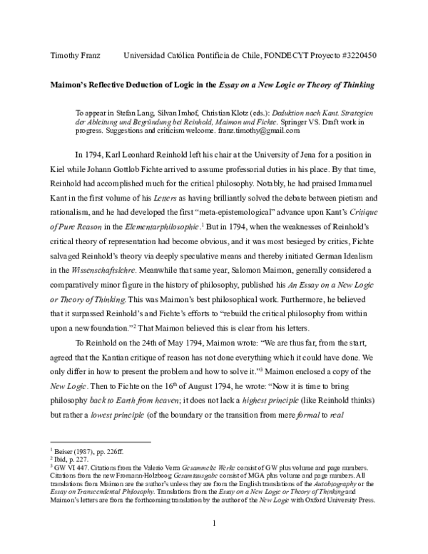 (PDF) Maimon's Reflective Deduction of Logic in the 'Essay on a New ...