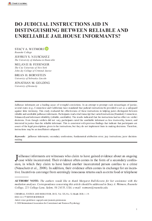 (PDF) Do Judicial Instructions Aid in Distinguishing Between Reliable ...