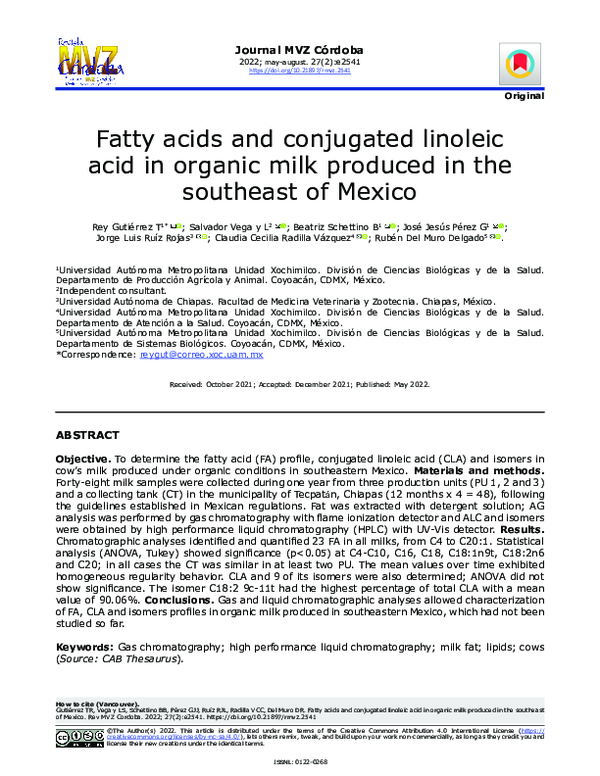 (PDF) Fatty acids and conjugated linoleic acid in organic milk produced in the southeast of Mexico
