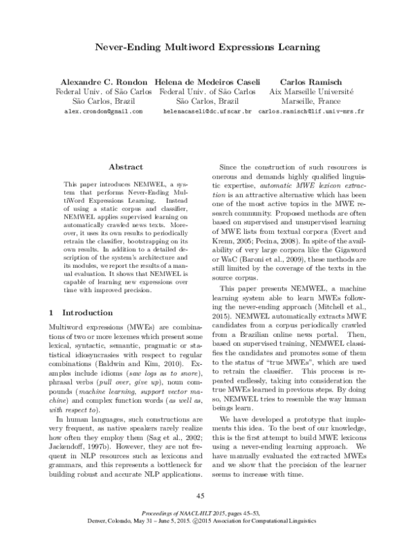(PDF) Never-Ending Multiword Expressions Learning | Profa. Helena Caseli - Academia.edu