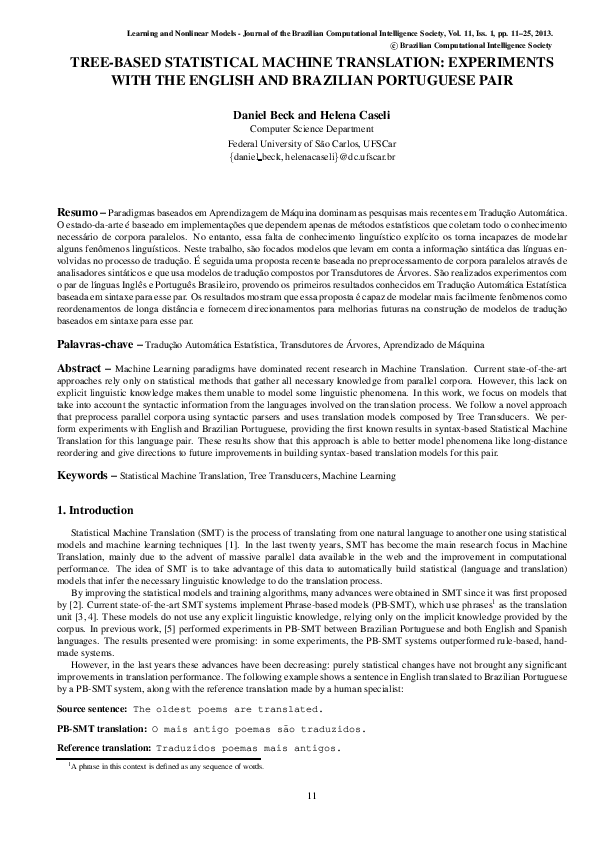 (PDF) Tree-Based Statistical Machine Translation: Experiments with the English and Brazilian ...