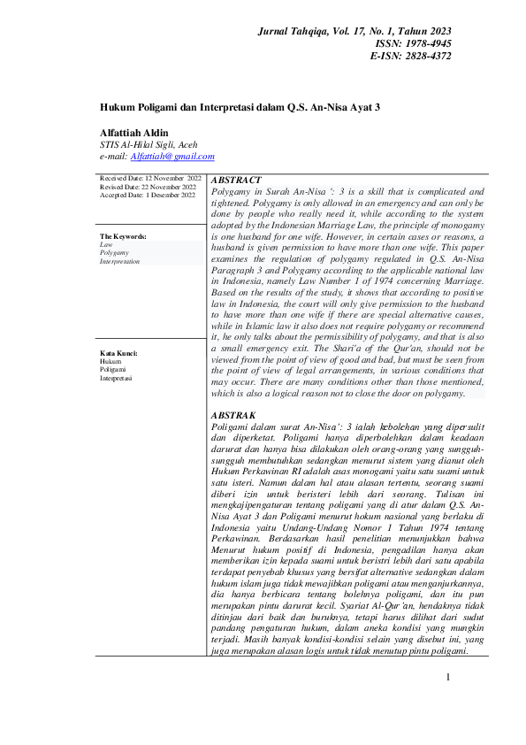 (PDF) Hukum Poligami dan Interpretasi dalam Q.S. An-Nisa Ayat 3