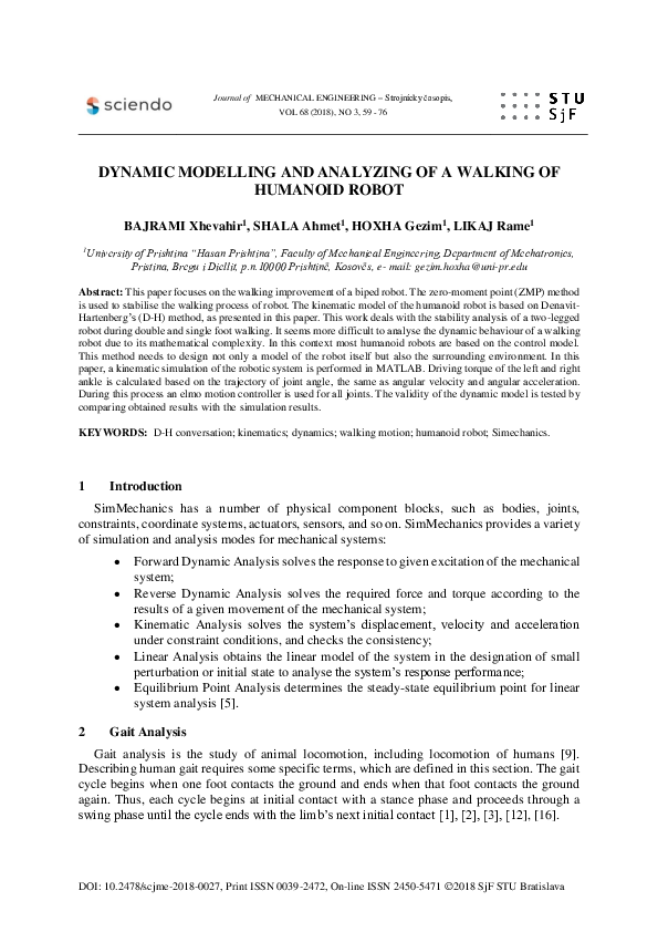 (PDF) Dynamic Modelling and Analyzing of a Walking of Humanoid Robot