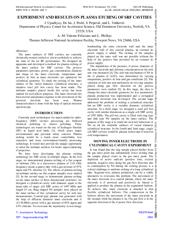 (PDF) Experiment and Results on Plasma Etching of SRF Cavities