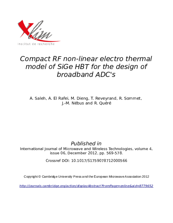 (PDF) Compact RF non-linear electro thermal model of SiGe HBT for the design of broadband ADC's