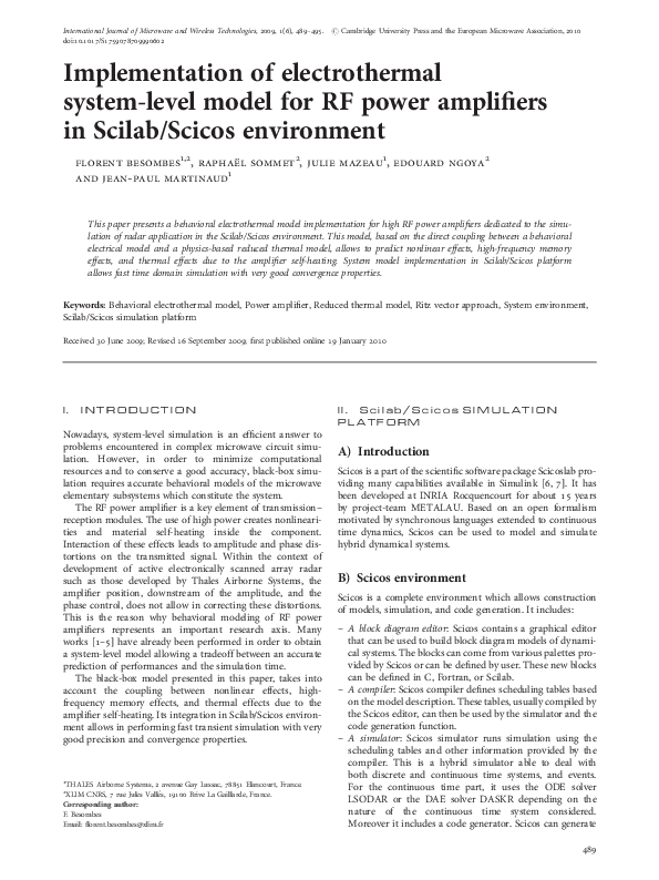 (PDF) Implementation of electrothermal system-level model for RF power amplifiers in Scilab ...