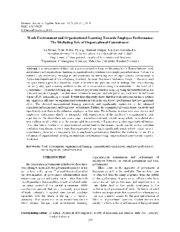 (PDF) Work Environment and Organizational Learning Towards Employee ...
