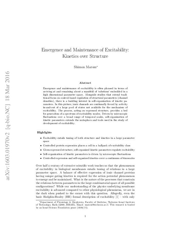 (PDF) Emergence and maintenance of excitability: kinetics over structure