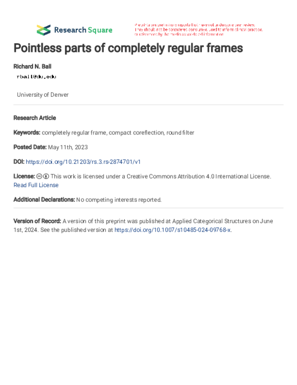 (PDF) Pointless parts of completely regular frames