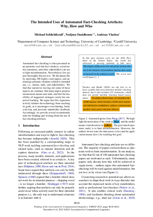 (PDF) The Intended Uses of Automated Fact-Checking Artefacts: Why, How and Who | Nedjma ...