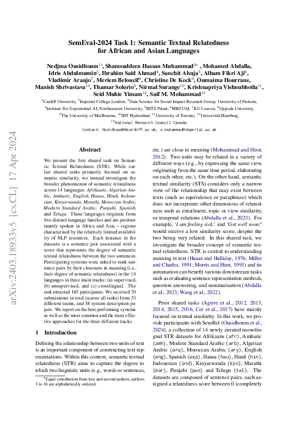 (PDF) SemEval Task 1: Semantic Textual Relatedness for African and Asian Languages | Nedjma ...