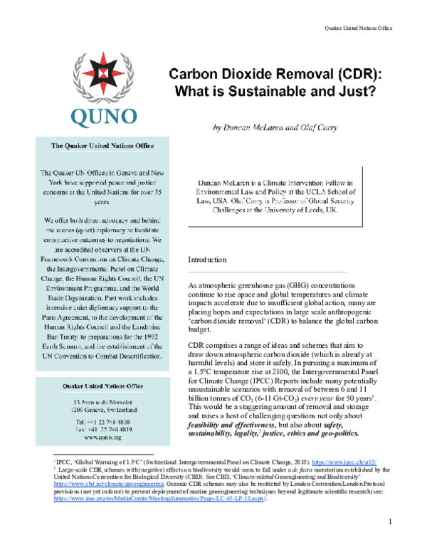 (PDF) Carbon Dioxide Removal (CDR). What is Sustainable and Just?