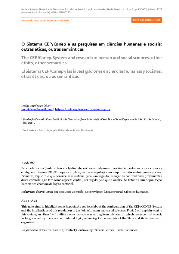 (PDF) O Sistema CEP/Conep e as pesquisas em ciências humanas e sociais: outras éticas, outras ...