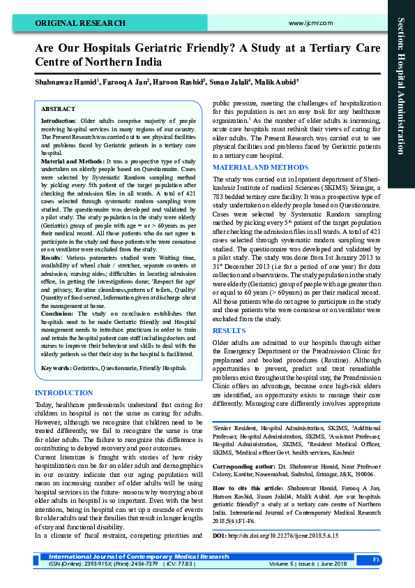 (PDF) Are Our Hospitals Geriatric Friendly? A Study at a Tertiary Care ...