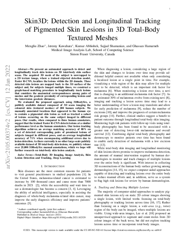 (PDF) Skin3D: Detection and longitudinal tracking of pigmented skin lesions in 3D total-body ...