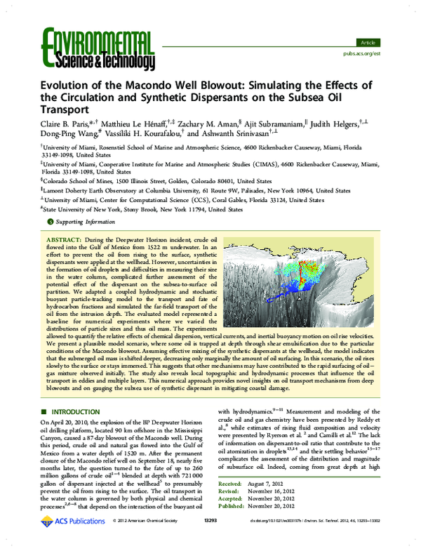 (PDF) Macondo Blowout: Oil Transport Modeling Insights