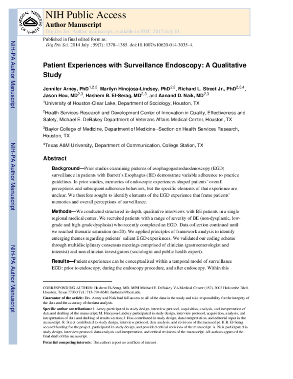 (PDF) Patient Experiences with Surveillance Endoscopy: A Qualitative Study
