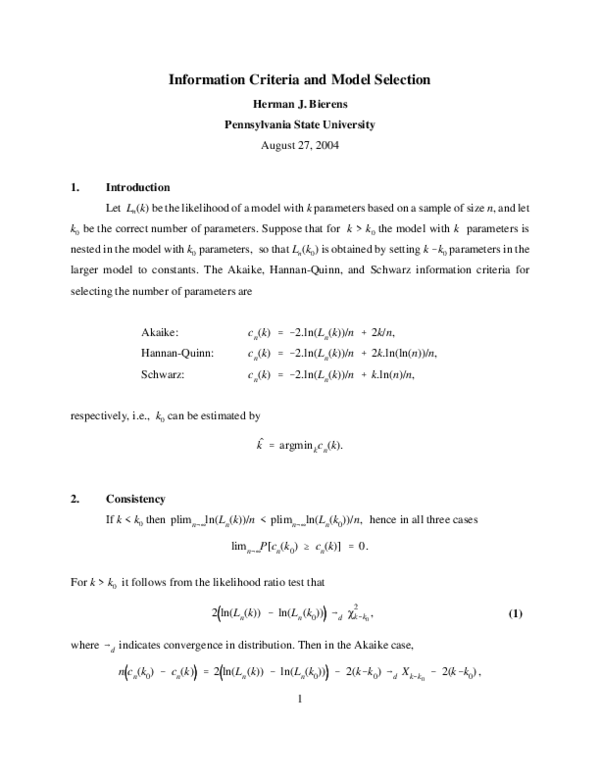 Pdf The Information Criterion In Model Selection
