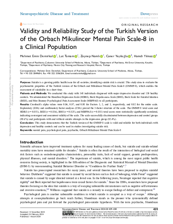 (PDF) Validity and Reliability Study of the Turkish Version of the Orbach Mikulincer Mental Pain ...
