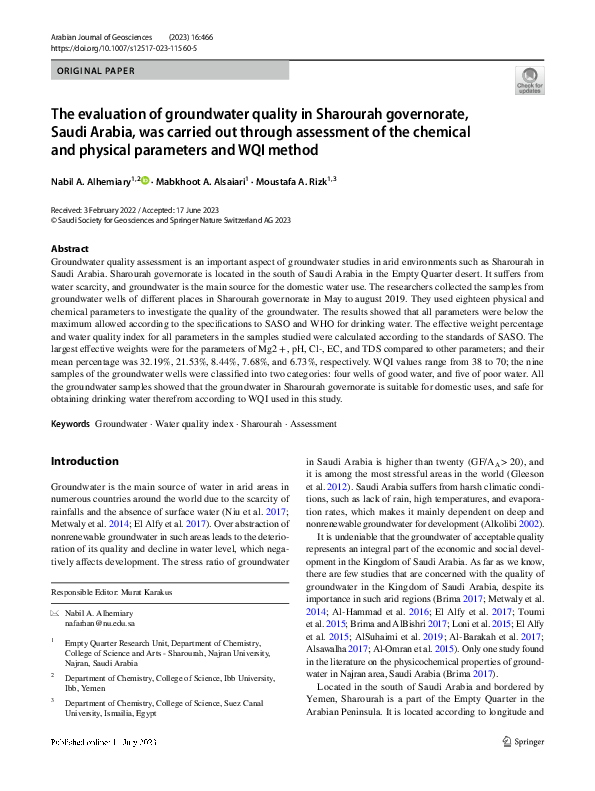 (PDF) The evaluation of groundwater quality in Sharourah governorate, Saudi Arabia, was carried ...