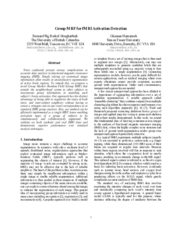 Pdf Group Mrf For Fmri Activation Detection