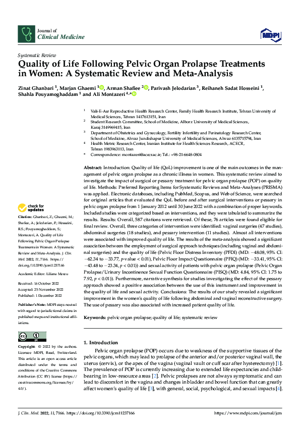 (PDF) Quality of Life Following Pelvic Organ Prolapse Treatments in Women: A Systematic Review ...