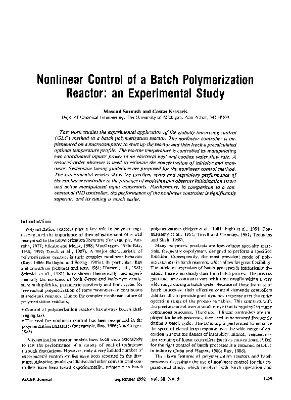 (PDF) Nonlinear Control Reactor: an of a Batch Polymerization Experimental Study | Masoud ...