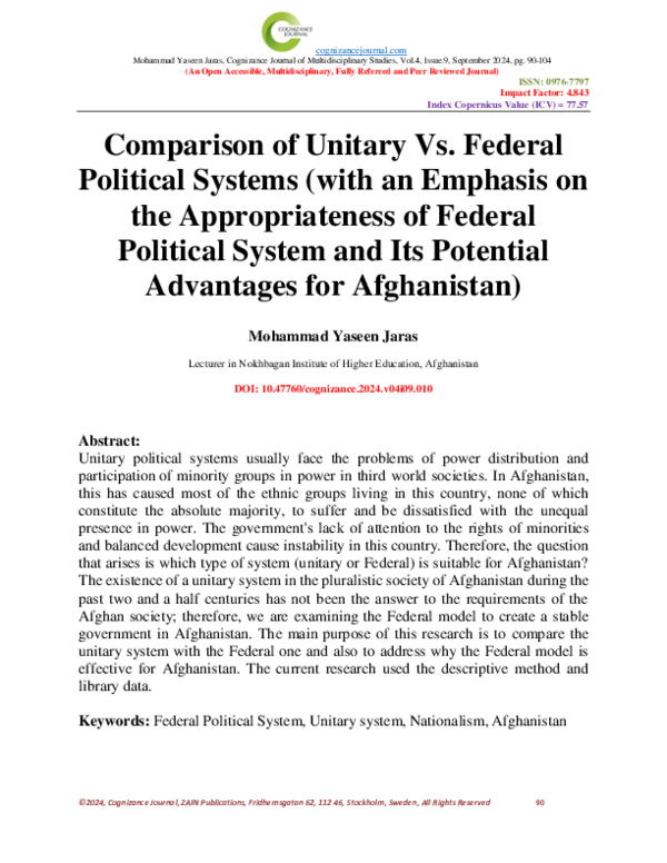(PDF) Comparison of Unitary Vs. Federal Political Systems (with an ...