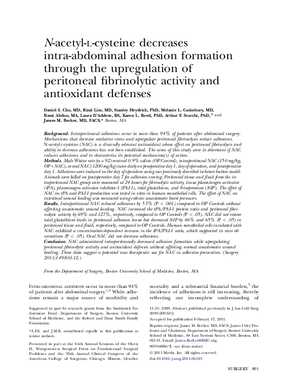(PDF) N-acetyl-l-cysteine decreases intra-abdominal adhesion formation ...