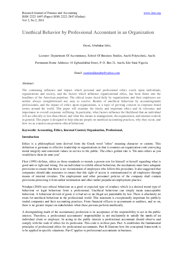 (PDF) Unethical Behavior by Professional Accountant in an Organization