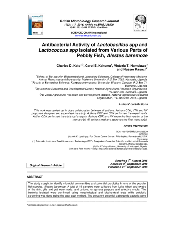 (PDF) Antibacterial Activity of Lactobacillus spp and Lactococcus spp ...