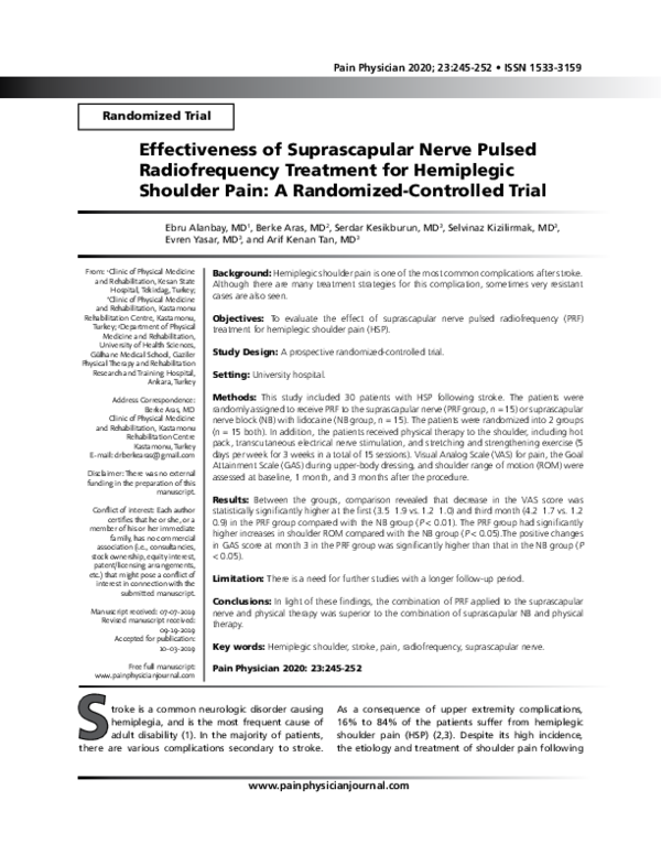 (PDF) Effectiveness of Suprascapular Nerve Pulsed Radiofrequency Treatment for Hemiplegic ...