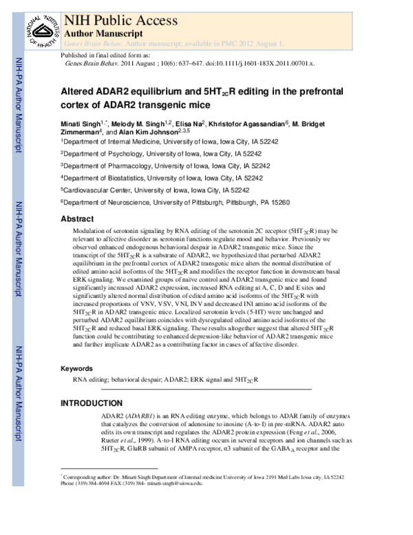 (PDF) Altered ADAR 2 equilibrium and 5HT2CR editing in the prefrontal ...