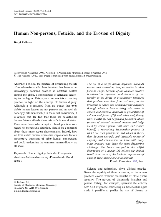 (PDF) Human Non-persons, Feticide, and the Erosion of Dignity