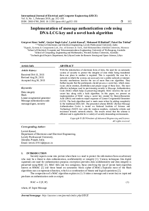 (PDF) Implementation of message authentication code using DNA-LCG key and a novel hash algorithm