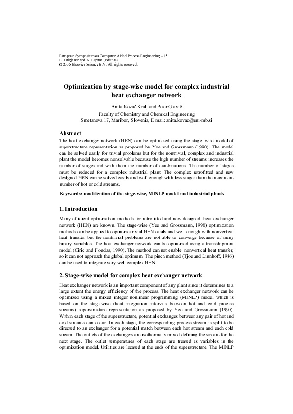 (PDF) Optimization by stage-wise model for complex industrial heat exchanger network